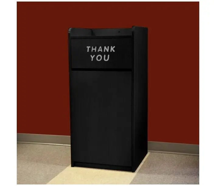 36 Gallon Black Waste Receptacle/ Trash Can with "Thank You" Swing Door ...